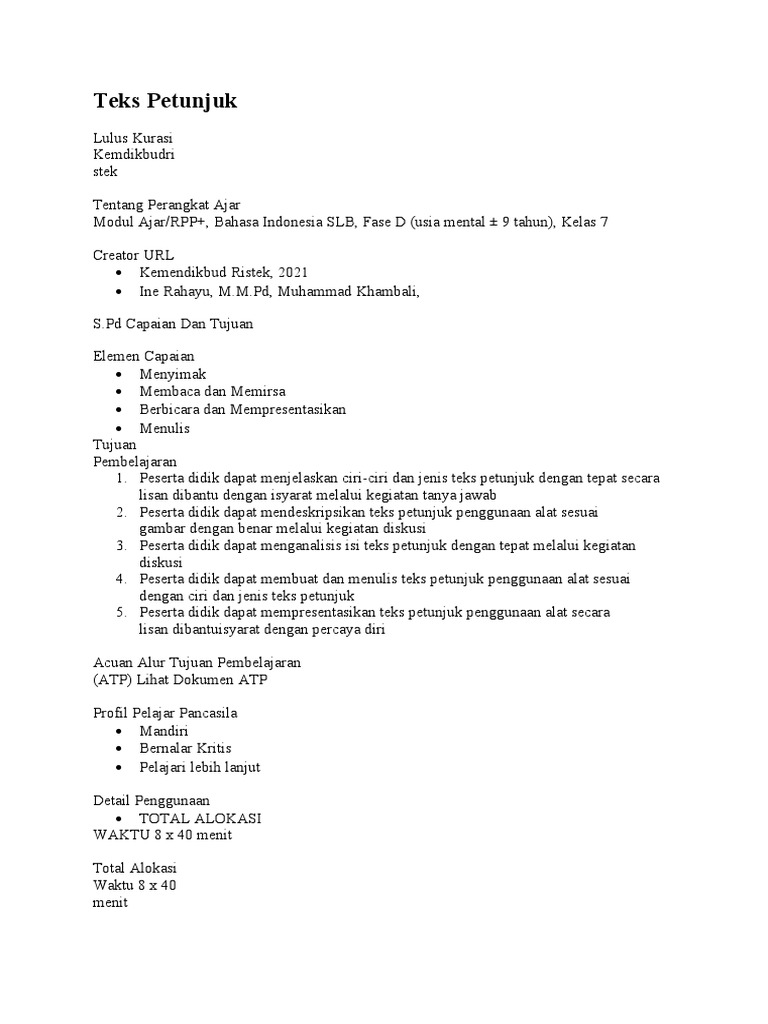 Modul Ajar Teks Petunjuk SLB Kelas 7 | PDF | Karier & Perkembangan ...