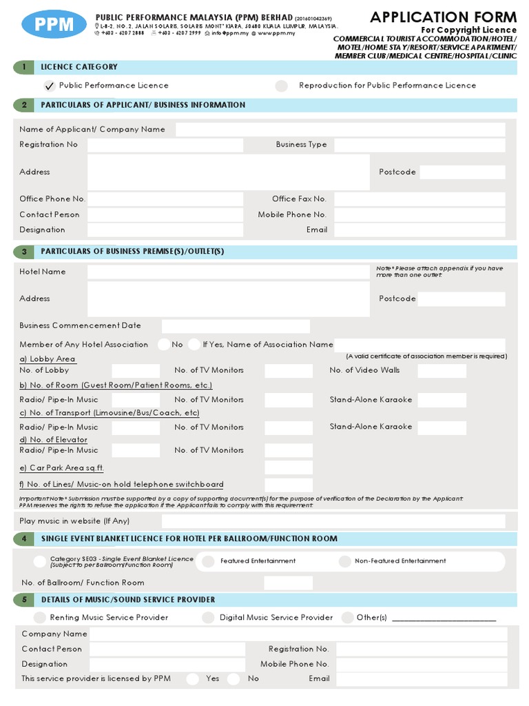 PPM Application Form-Annual Licence (Hotel) | PDF | License | Copyright