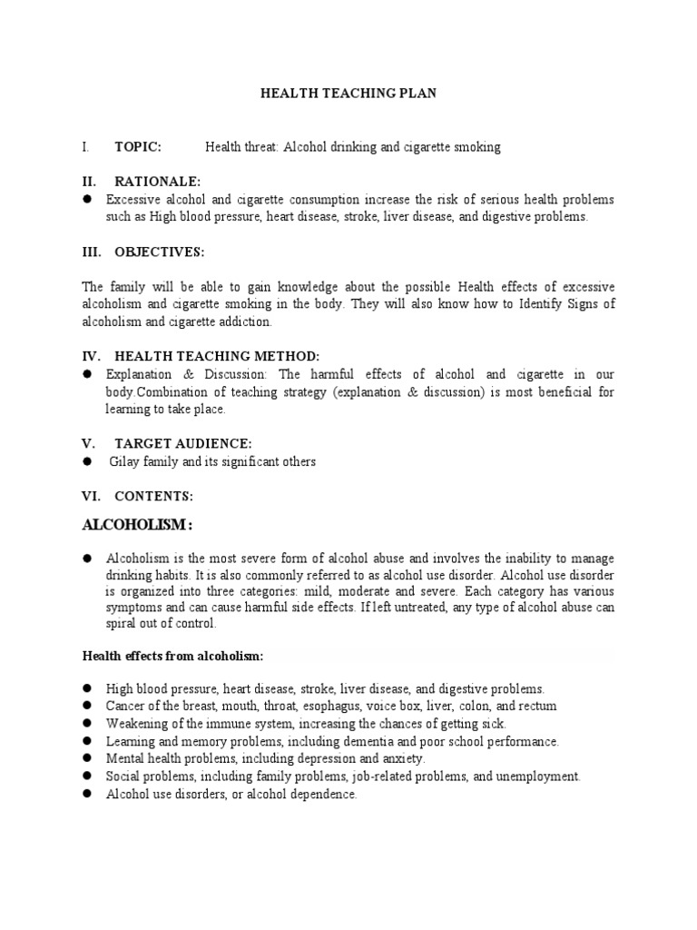 CHN 1 Reg 8 HEALTH TEACHING PLAN FORMAT | PDF | Alcoholism | Chronic ...