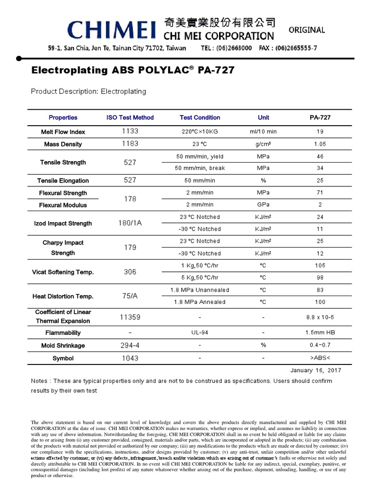 ABS Polylac 727 Properties | PDF