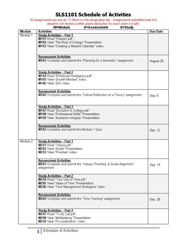 SLS1101 - Schedule of Activities - Fall | PDF | Cognition | Change