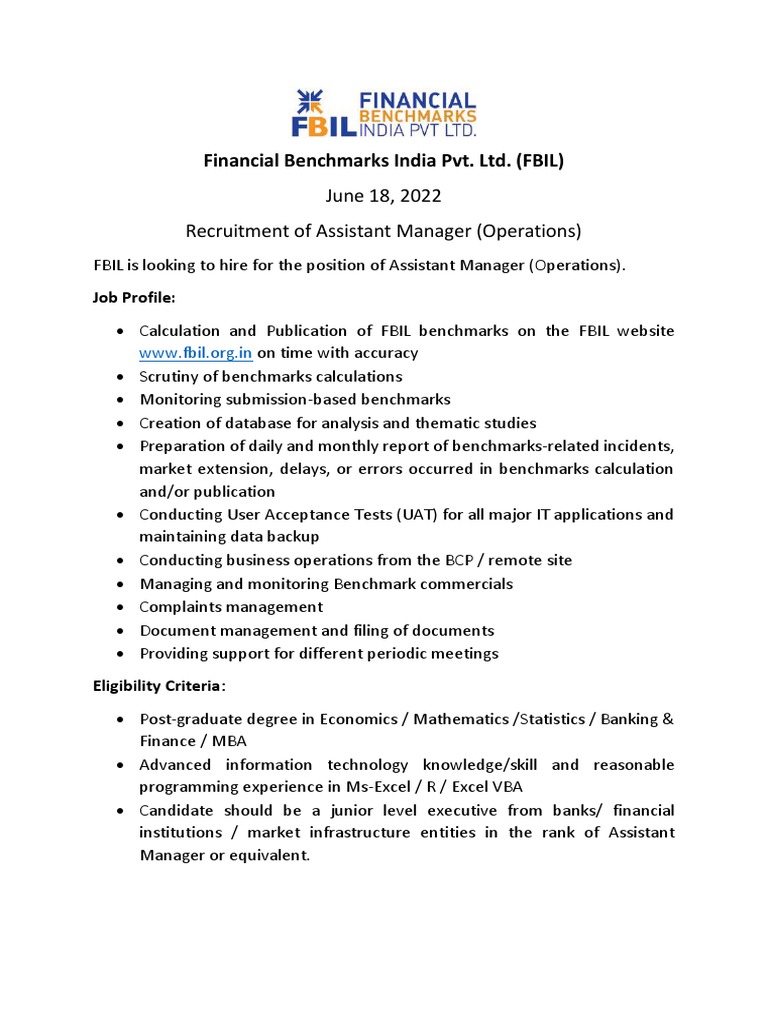 Hiring for the Role of Assistant Manager (Operations) at Financial ...