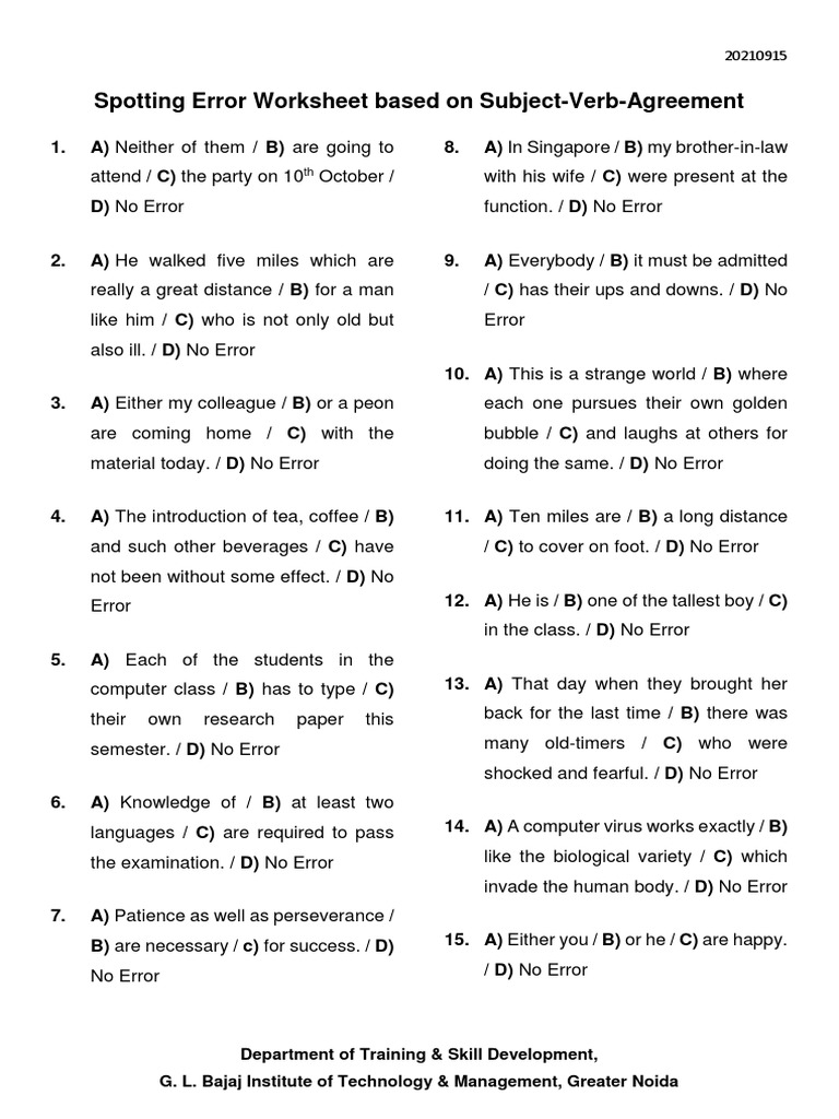 Spotting Error Worksheet Based On Subject Verb Agreement | PDF