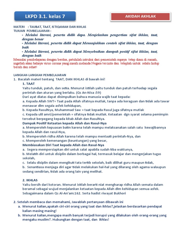 LKPD Akidah 3.1. KLS 7 | PDF