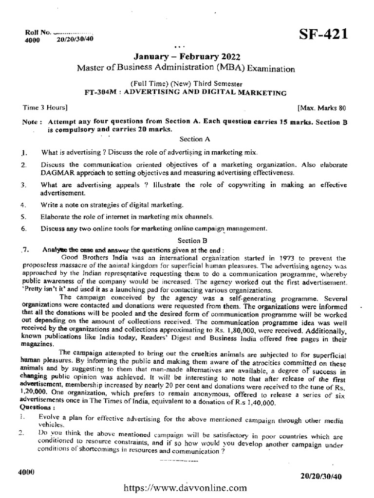 Advertising and Digital Marketing Question Paper | PDF