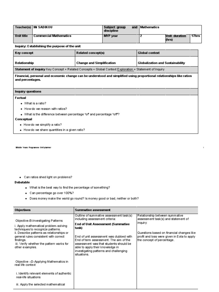 UNIT Plan Math MYP2 2nd | PDF | Percentage | Teaching Method