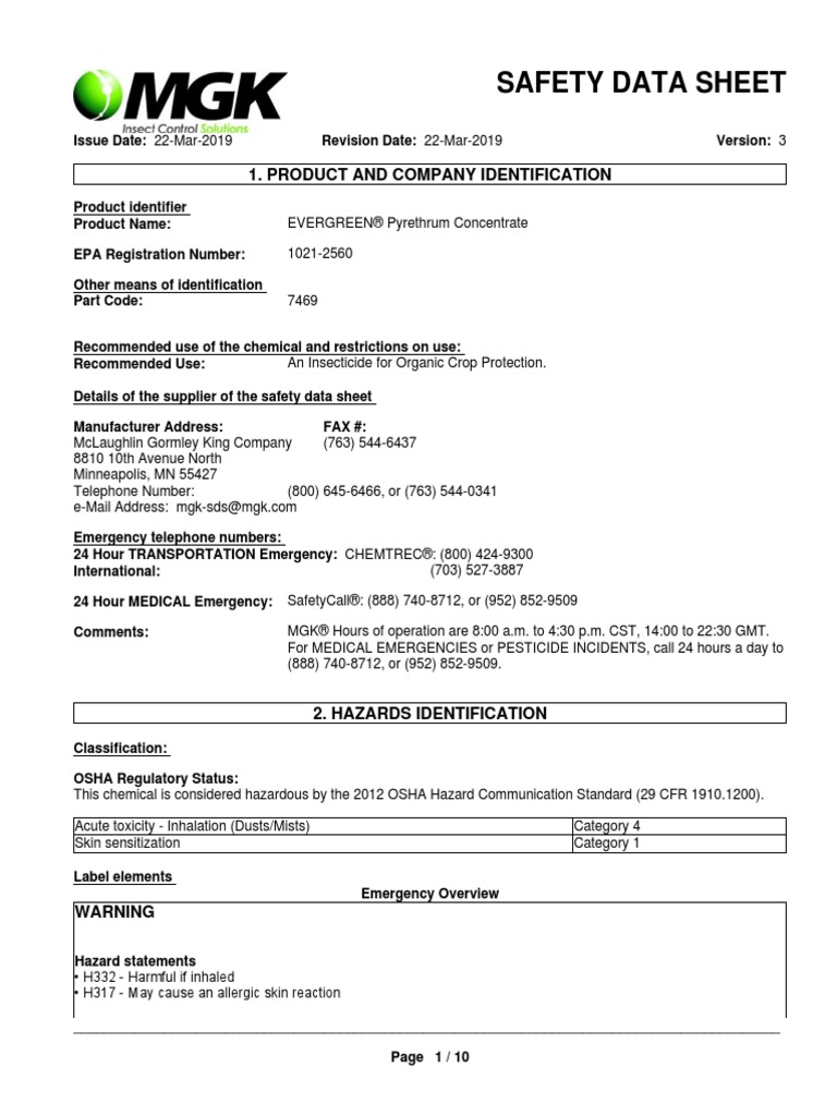 EverGreen Pyrethrum Concentrate SDS | PDF | Dangerous Goods | Superfund