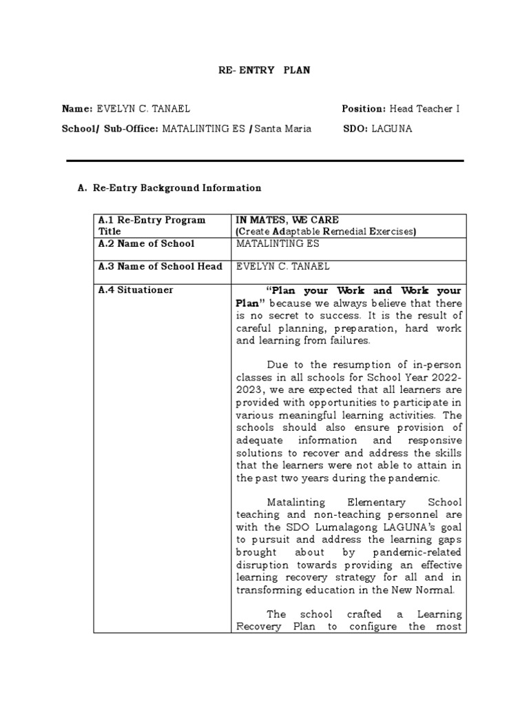 Mates Re Entry Plan Isntructional Support | PDF | Teachers ...
