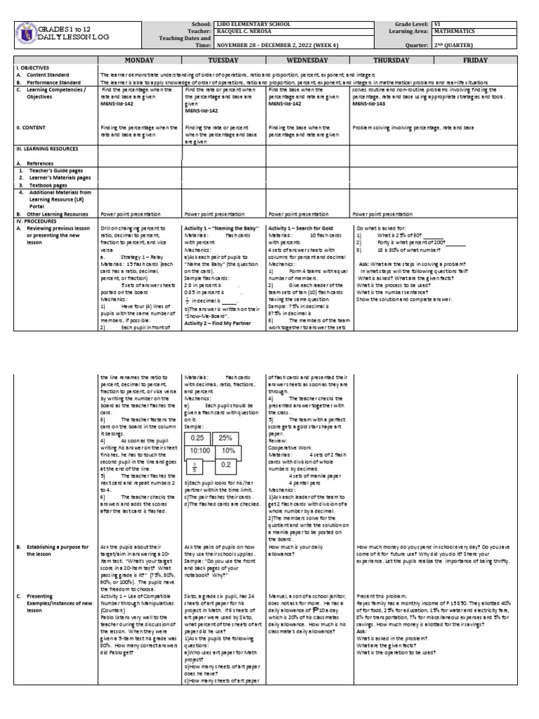 DLL Mathematics 6 q2 w4 | PDF | Percentage | Equations