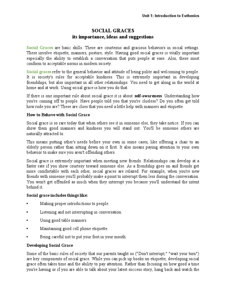 Euthenics Unit 1 Topics 1 3 | PDF | Etiquette | Conversation