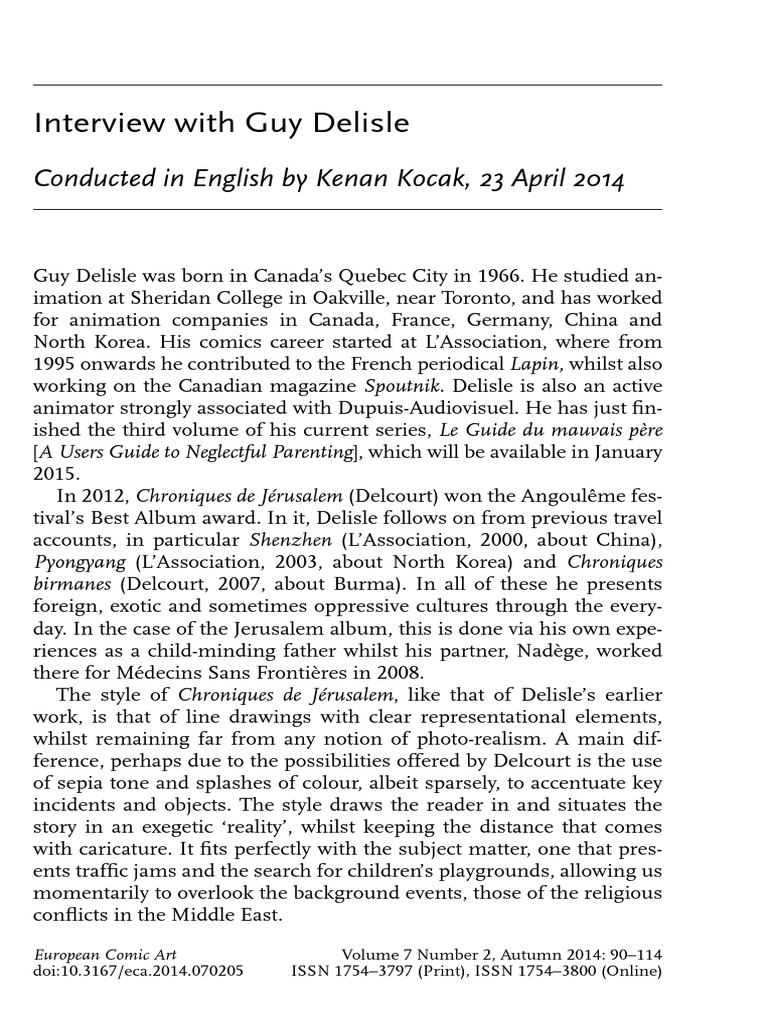 Interview With Guy Delisle Conducted in English by Kenan Kocak, 23 April 2014 | PDF