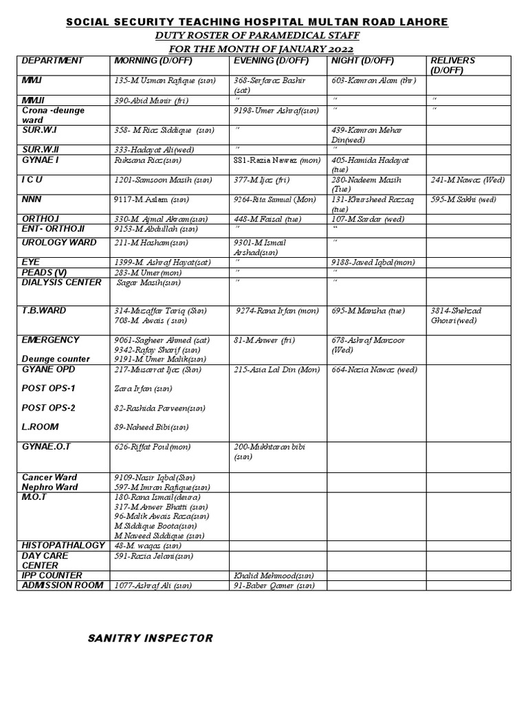 Duty Roster For Paramedical Staff-111 | PDF