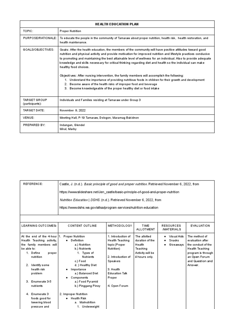 Health Education Plan - PROPER NUTRITION | PDF | Healthy Diet | Health ...