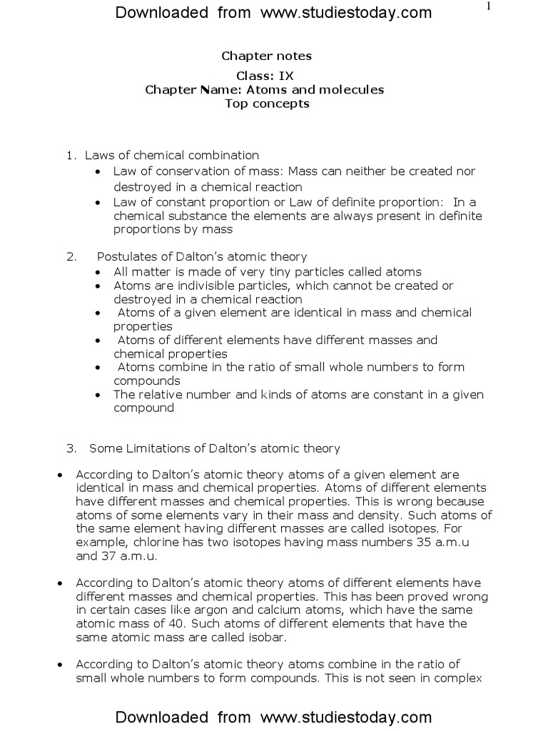 CBSE Class 9 Chemistry Atoms & Molecules Notes | PDF | Mole (Unit ...