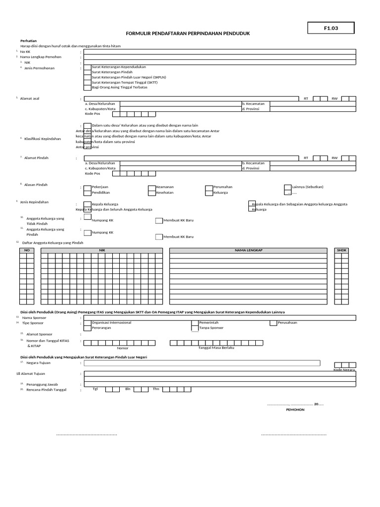 Formulir Pindah Penduduk F1.03 | PDF