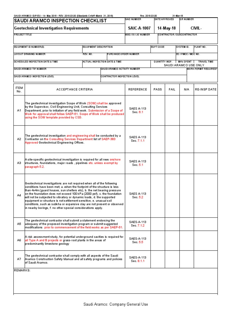 Geotechnical Investigation Requirements Inspection Checklist for Saudi ...