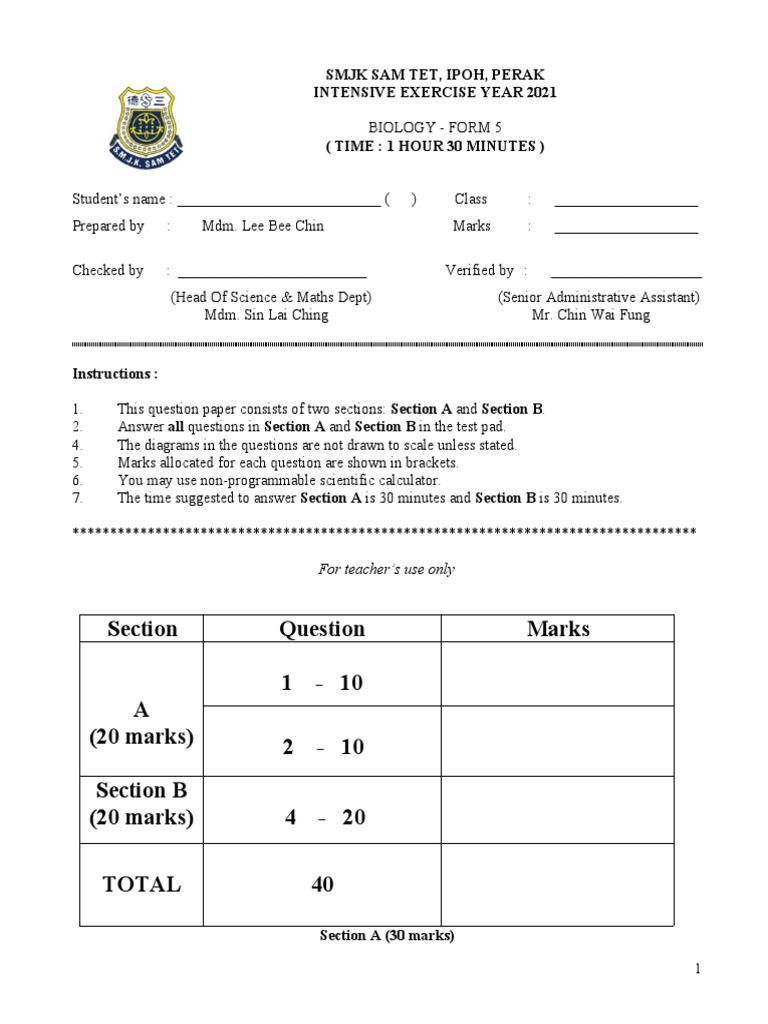 Biology Form 5 Intensive Exercise 2021 | PDF | Plants | Reproduction