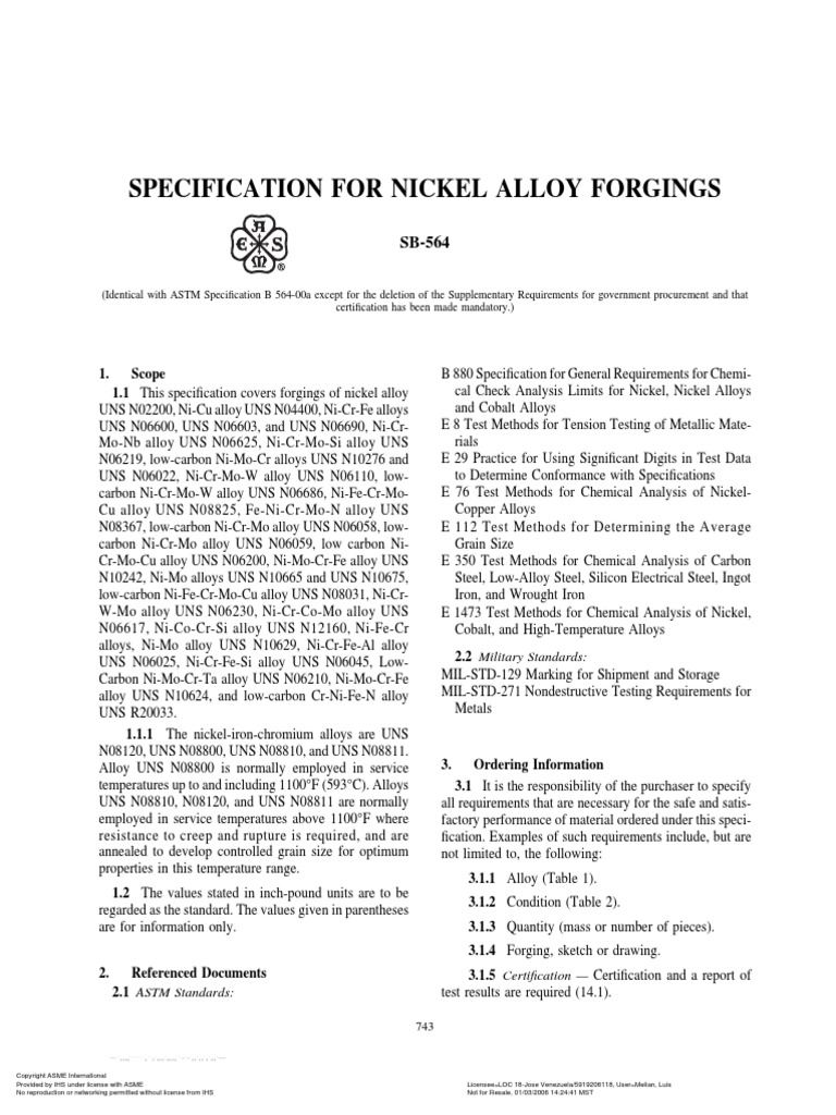 ASTM B 564 Specifications For Nickel Alloy Forgings | PDF | Alloy | Steel