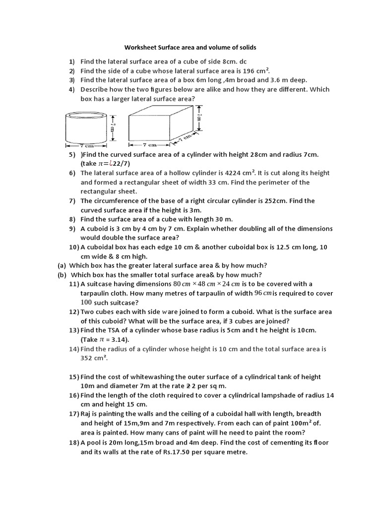 Worksheet Surface Area and Volume of Solids | PDF