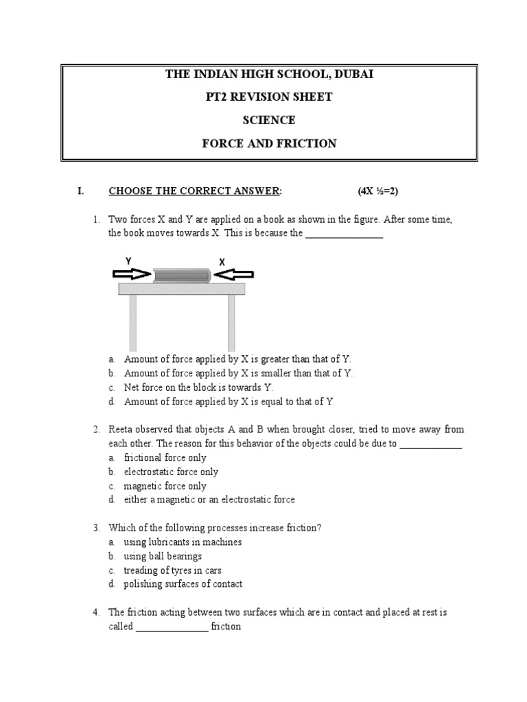 PT2 Revision Worksheet - Force and Friction | PDF | Teaching Methods ...