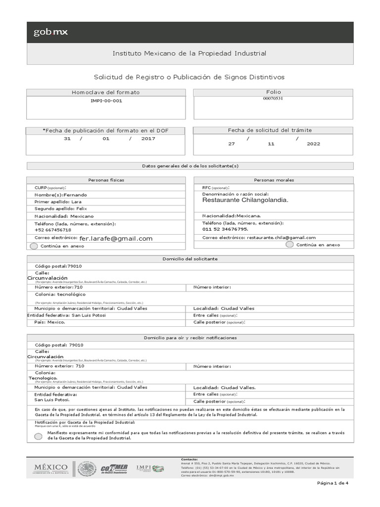 Impi-00-001-1 Solicitud de Registro de Signos Distintivos | PDF | Marca ...