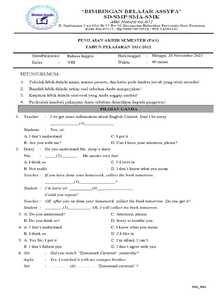 Latihan Soal PAS B Ing Kelas 8 K13 Semes | Download Free PDF ...