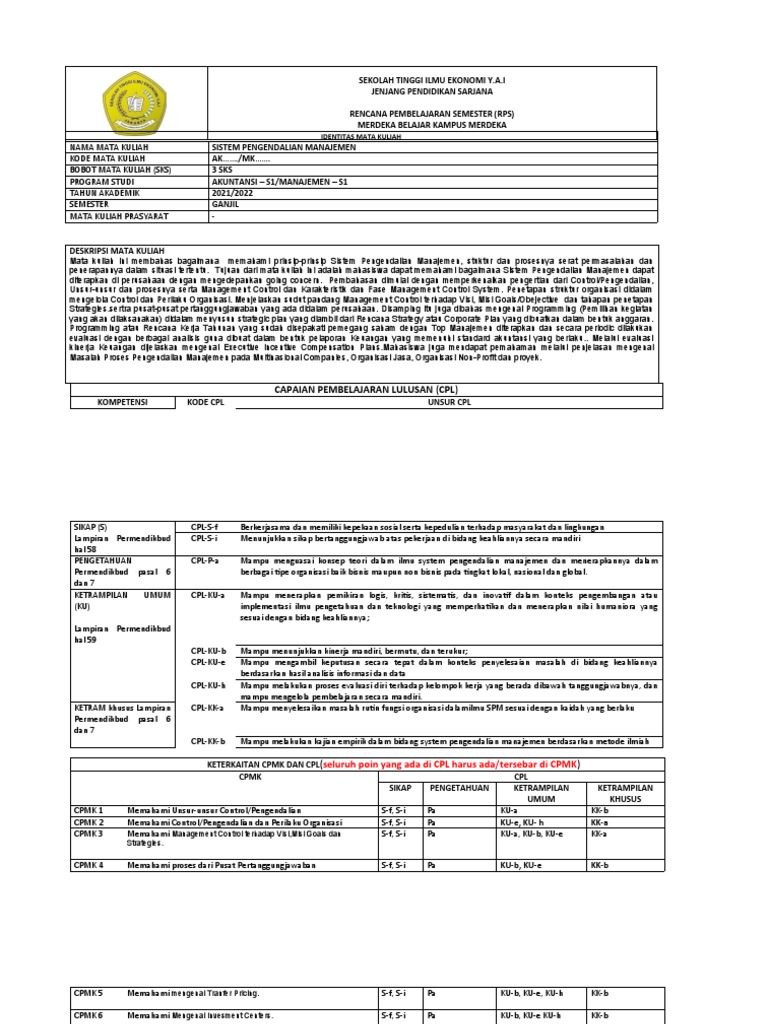 34 - 20220927052027 - RPS MBKM Sistem Pengendalian Manajemen | PDF
