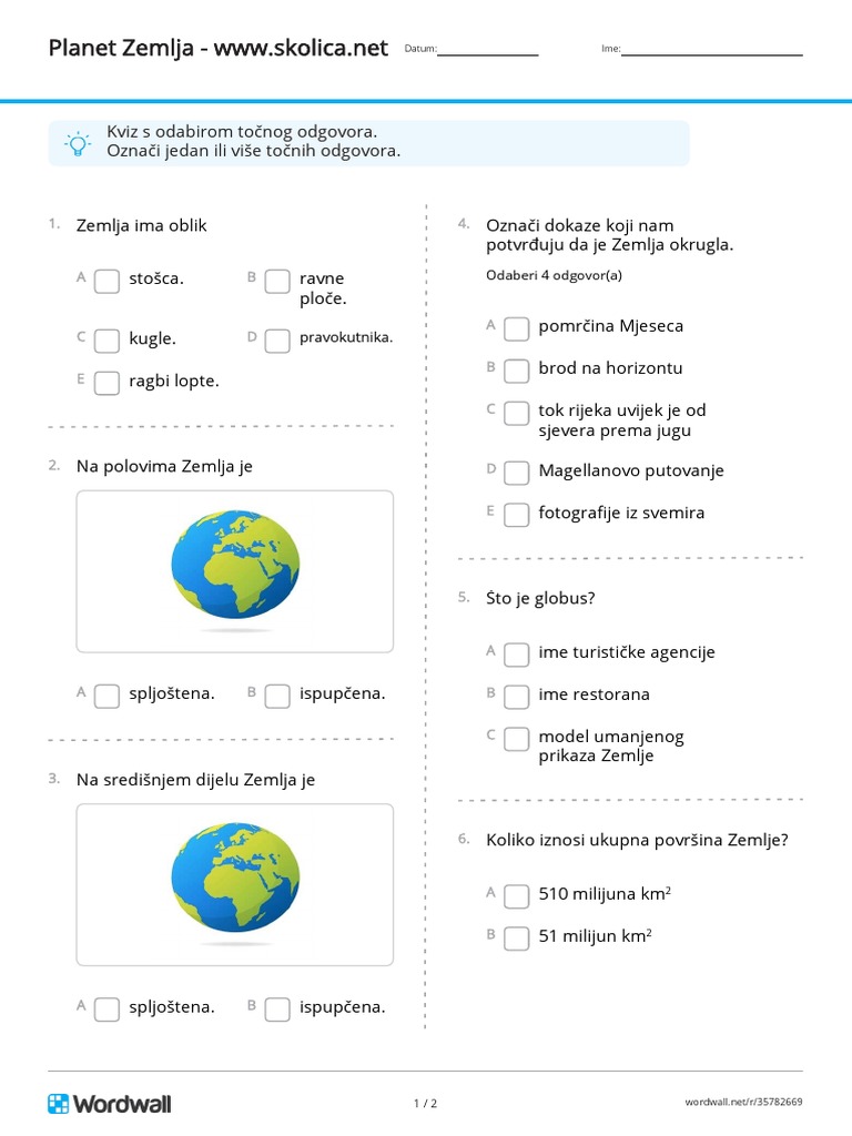 Planet Zemlja Ispit Test 5 Razred Geografija | PDF