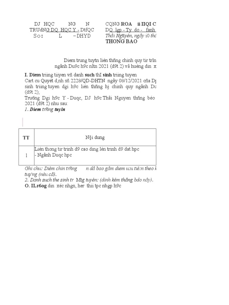 1682 Thong Bao Diem Trung Tuyen Lien Thong Tu Trinh Do Cao Dang Len Dai Hoc Nganh Duoc Hoc Nam ...