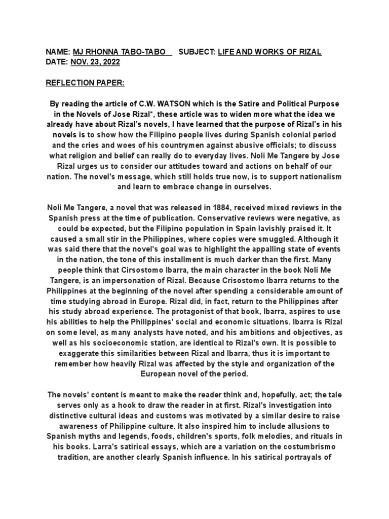 REFLECTION PAPER (Life&worksrizal) | PDF