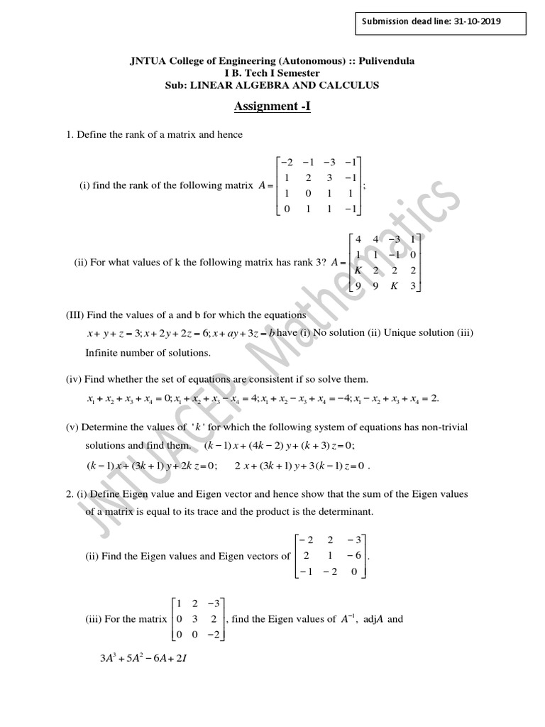 Linear Algebra and Calculus Assignment Problems-1 | PDF | Eigenvalues ...