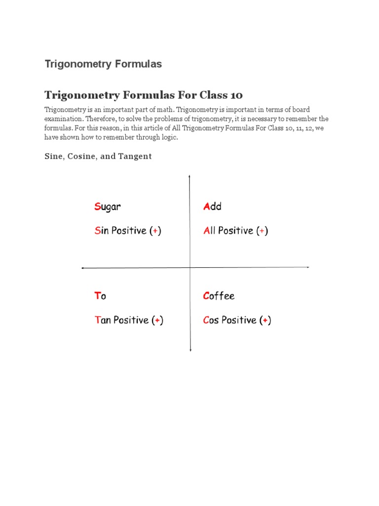 Trigonometry Formulas For Class 10 | PDF