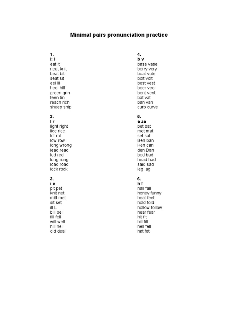 Minimal Pairs Pronunciation Practice | PDF