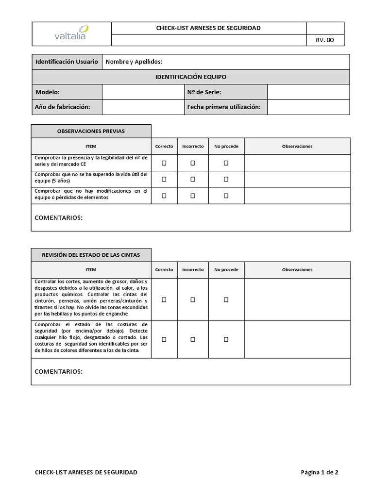 Check-List PRL - Revisión Arneses | PDF | Materiales