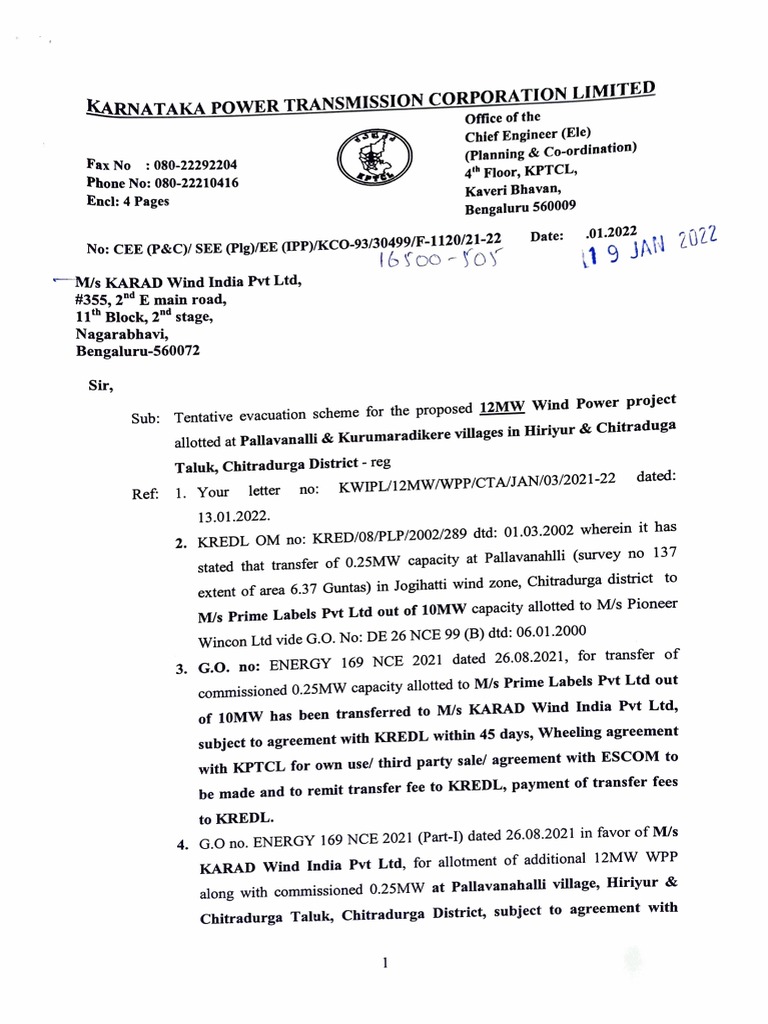 KWIPL 12MW WPP Tentative Evacuation KPTCL Approval Letter | PDF | Electrical Substation ...