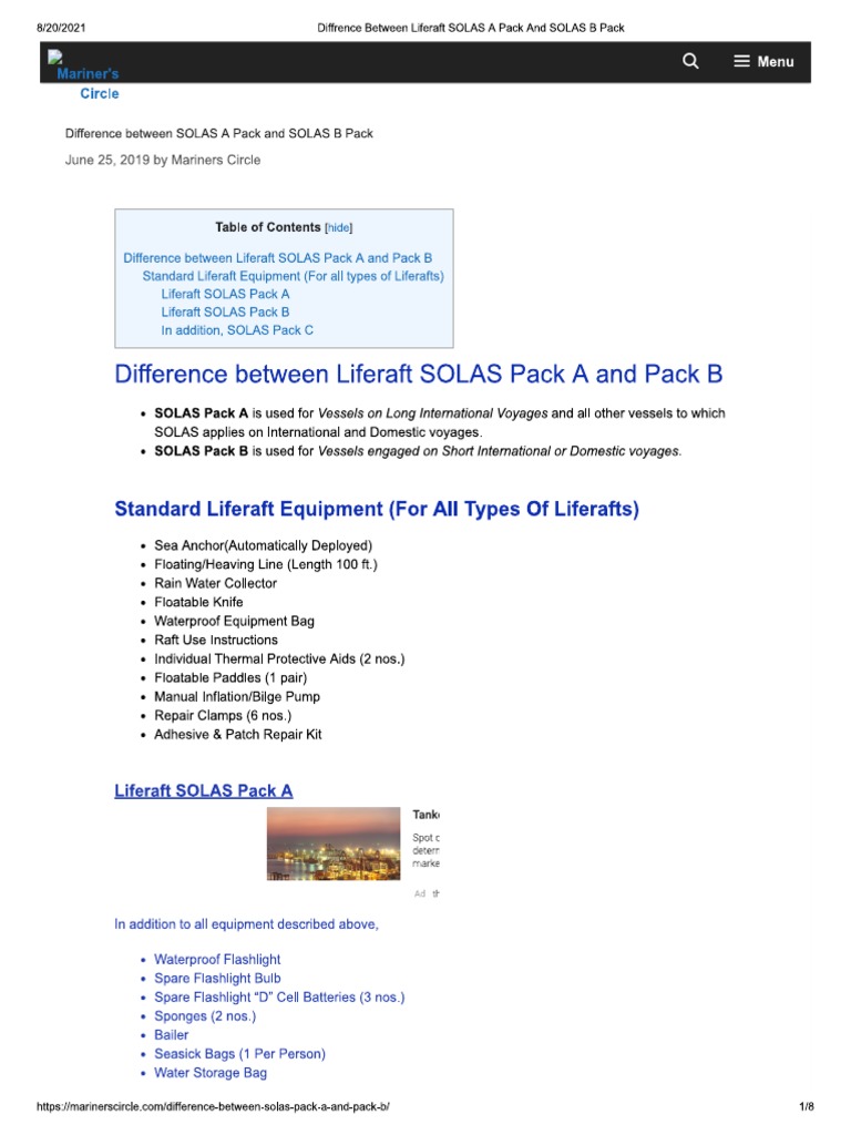 Difference Between Liferaft SOLAS A Pack and SOLAS B Pack Dan C | PDF