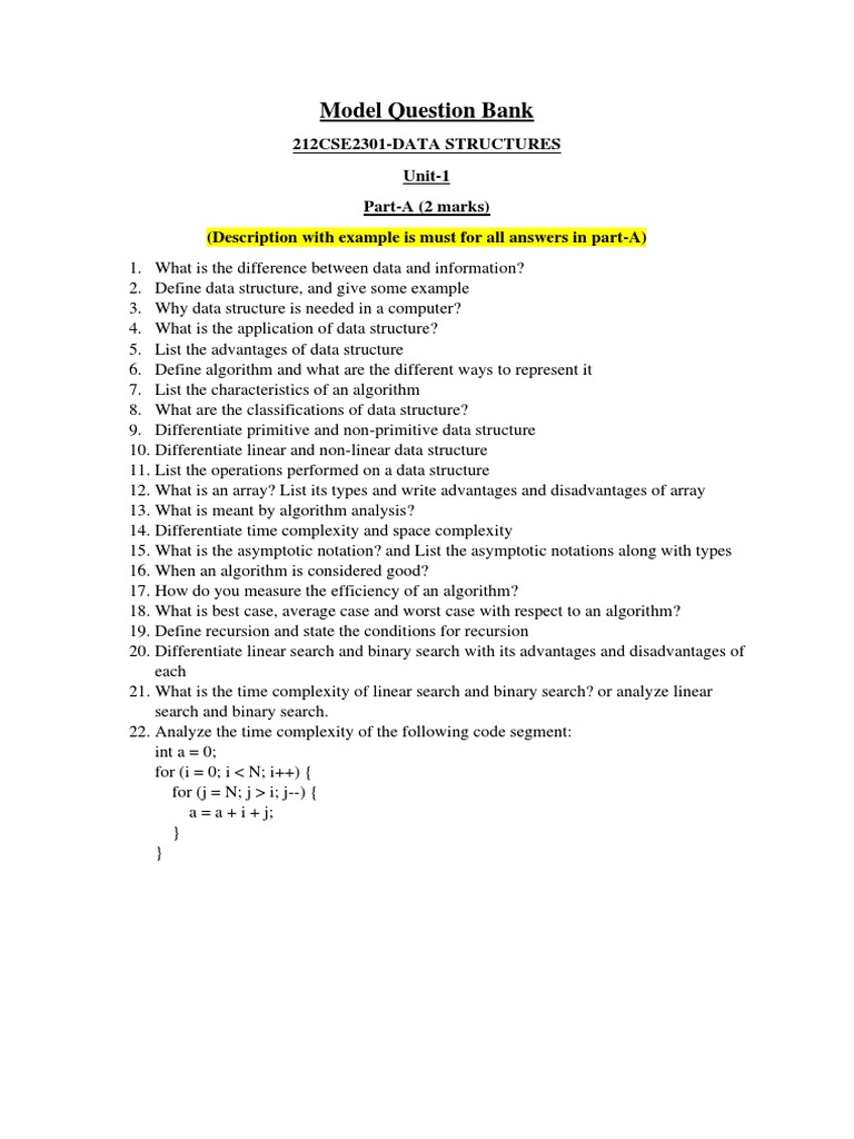 Data Structures Unit-1 Question Bank | PDF | Algorithms | Time Complexity