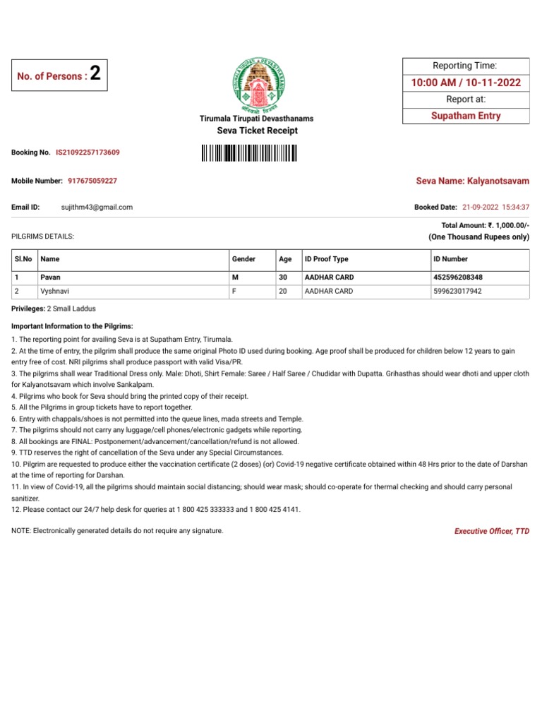 TTD Seva Ticket Receipt for Kalyanotsavam | PDF