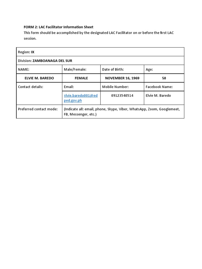 Form 2. LAC Facilitator Information Sheet | PDF