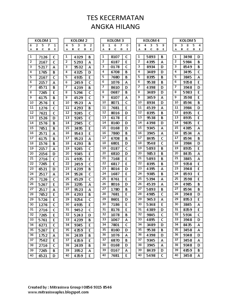 Tes Kecermatan - Angka Hilang (Jawaban) | PDF | Ouverture (échecs) | Échecs