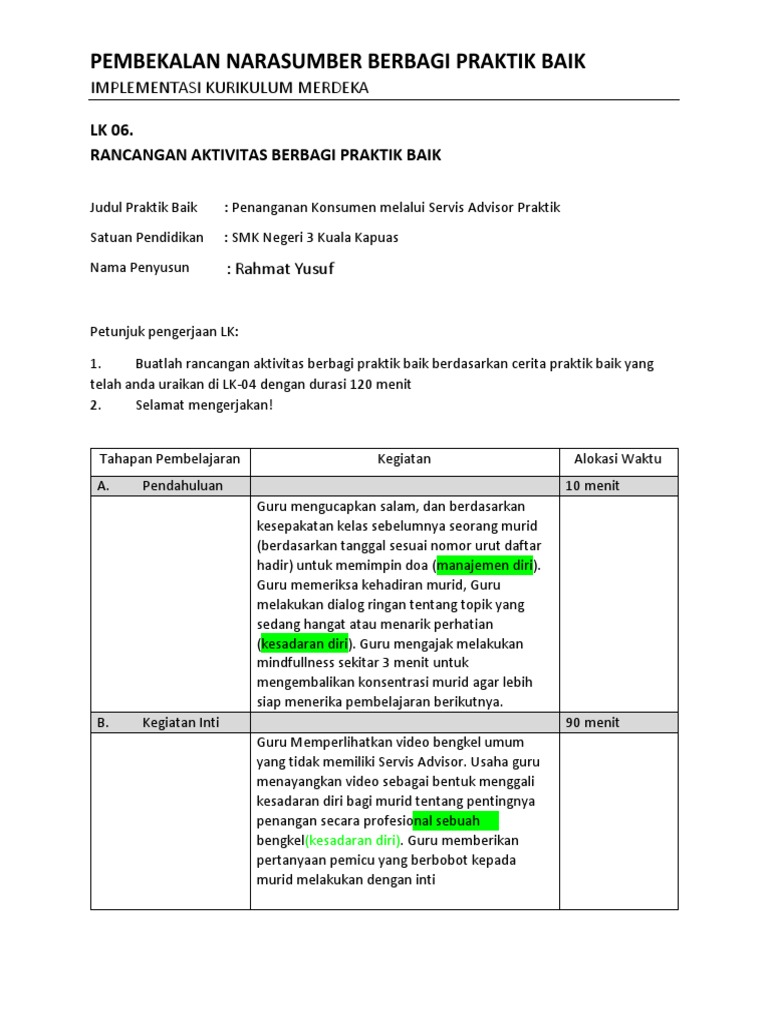 LK.06. Rancangan Aktivitas Berbagi Praktik Baik Rahmat Yusuf | PDF | Karier & Perkembangan
