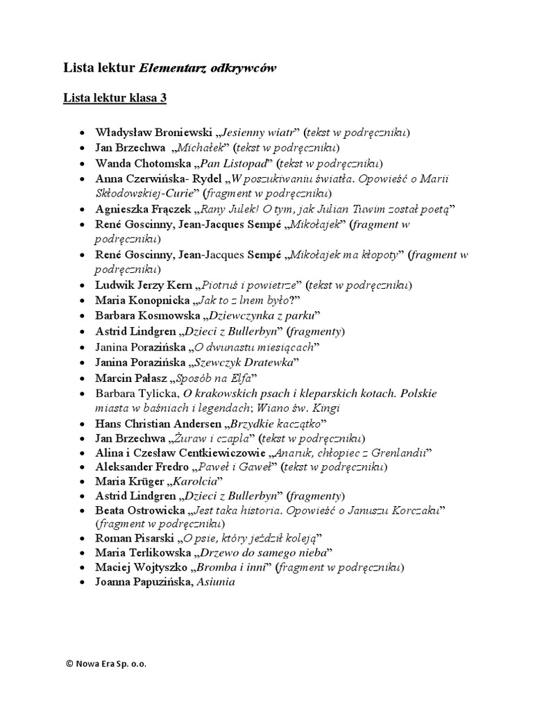 Lista Lektur Elementarz Odkrywcow Klasa 3 | PDF
