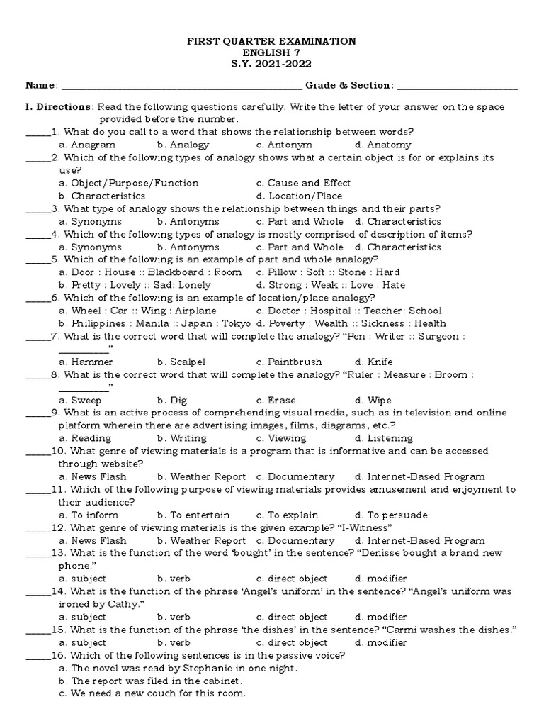 Eng 7 1ST Quarter Exam | PDF | Sentence (Linguistics) | Verb
