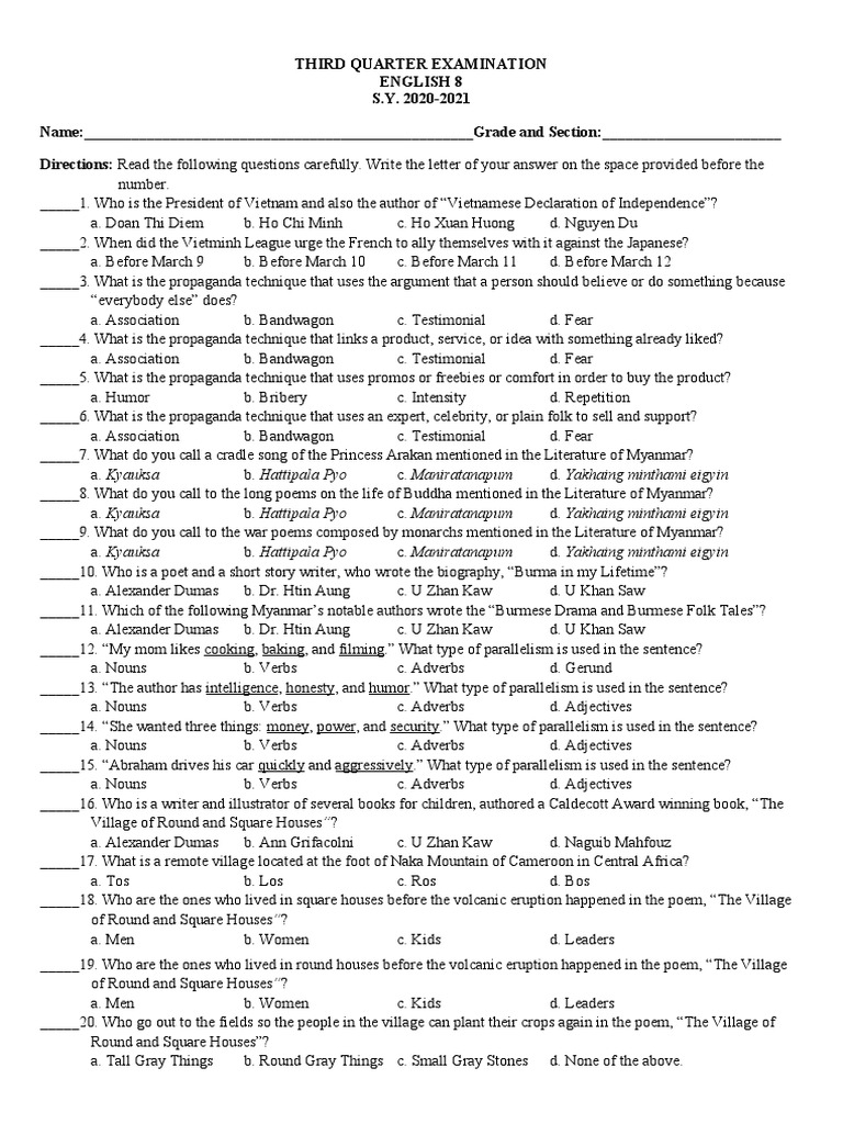 Eng 8 (3RD Quarter Exam) | PDF | Word | Adverb