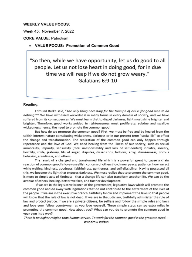 Weekly Value Focus Promotion of Common Good | PDF