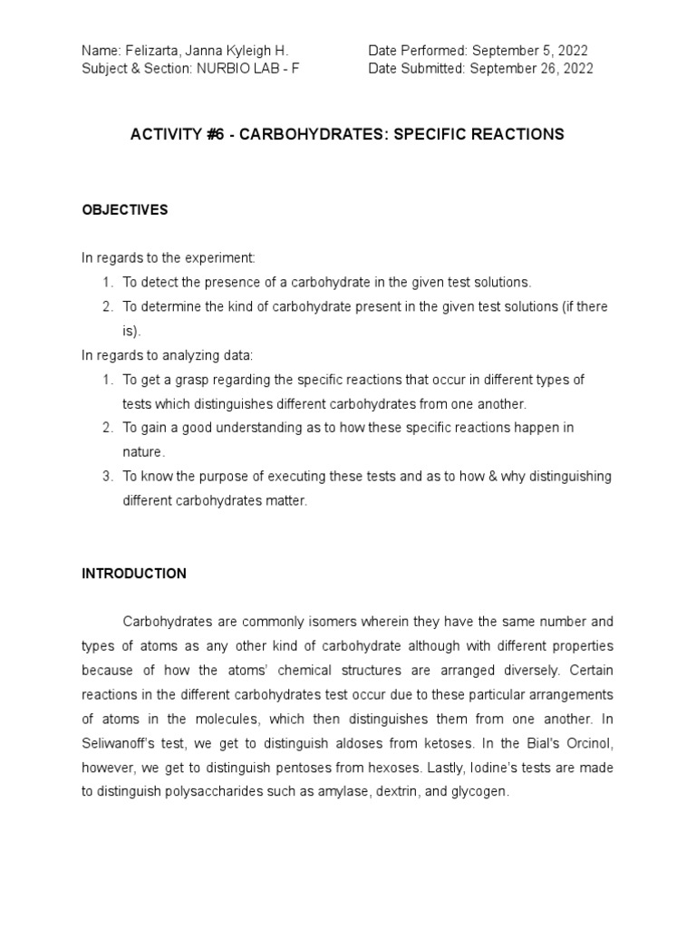 Activity #6 - Carbohydrates - Specific Reactions | PDF