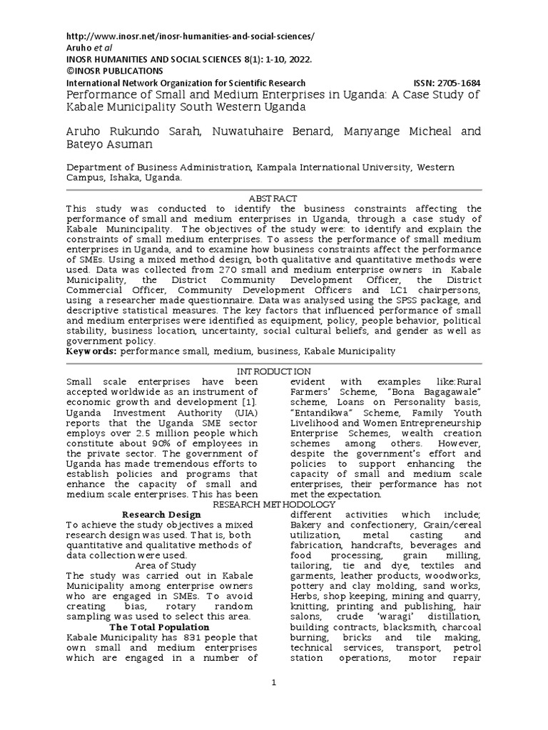 Performance of Small and Medium Enterprises in Uganda A Case Study of Kabale Municipality South ...