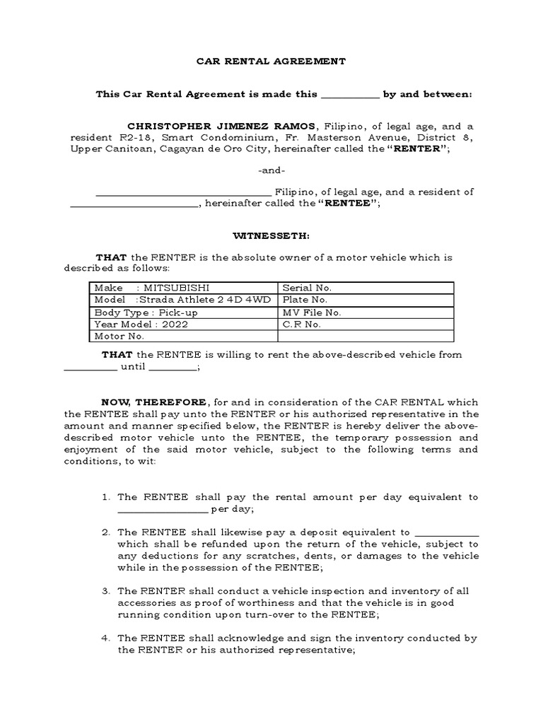 Terms and Conditions of a Car Rental Agreement | PDF | Renting | Car Rental