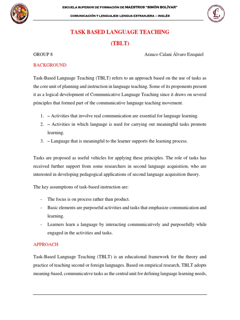 An Overview of Task-Based Language Teaching (TBLT): Principles ...
