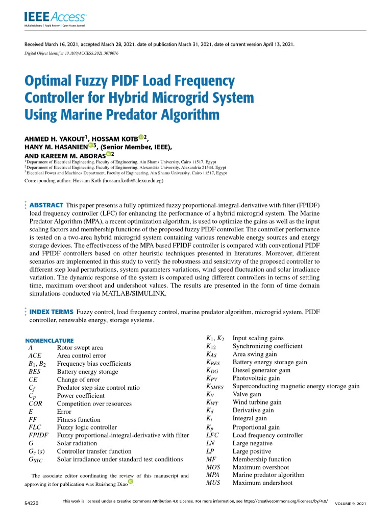 Optimal Fuzzy Pidf Load Frequency Controller For Hybrid Microgrid System Using Marine Predator
